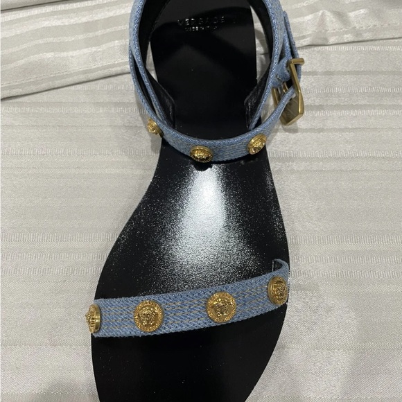 Versace | Shoes | Versace Light Blue Denim Flat Sandals With Muted Gold ...